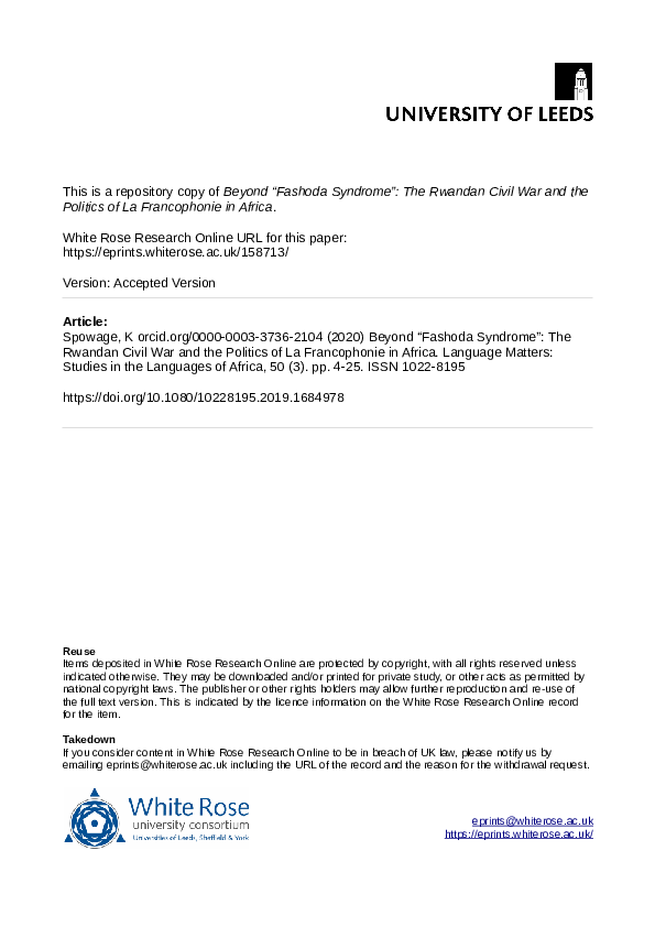 (PDF) Beyond “Fashoda Syndrome”: The Rwandan Civil War and the Politics ...