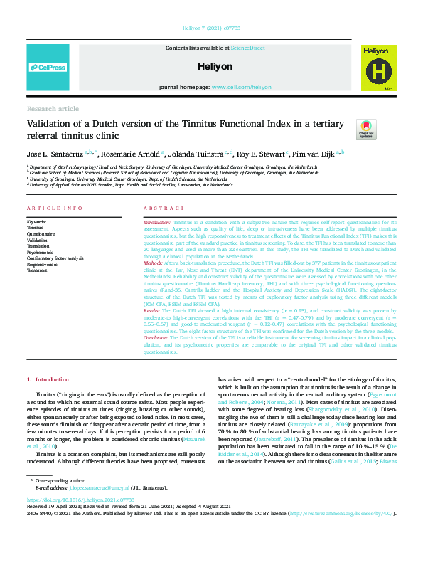 (PDF) Validation of a Dutch version of the Tinnitus Functional Index in ...