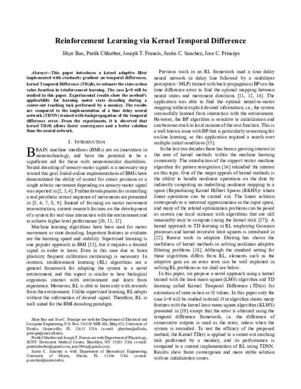 (PDF) Reinforcement learning via kernel temporal difference