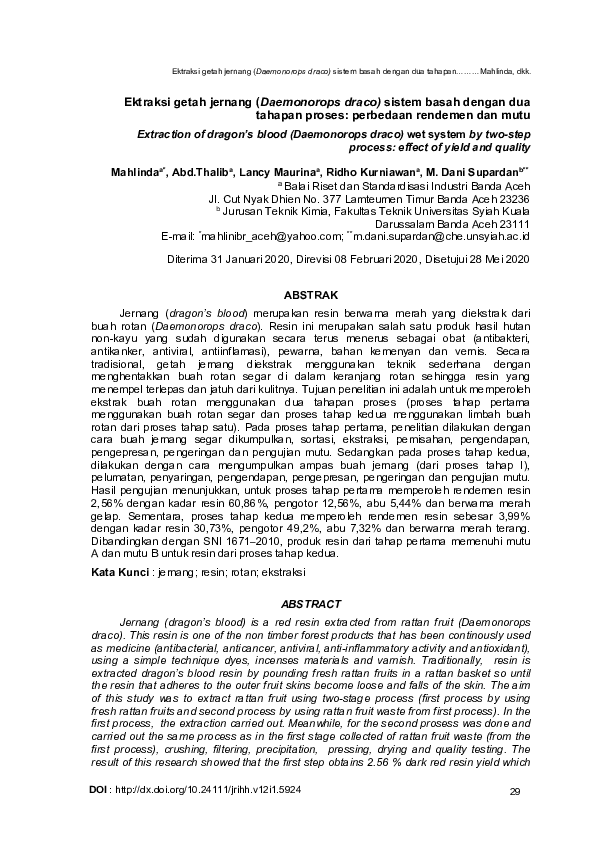 (PDF) Ektraksi getah jernang (Daemonorops draco) sistem basah dengan ...