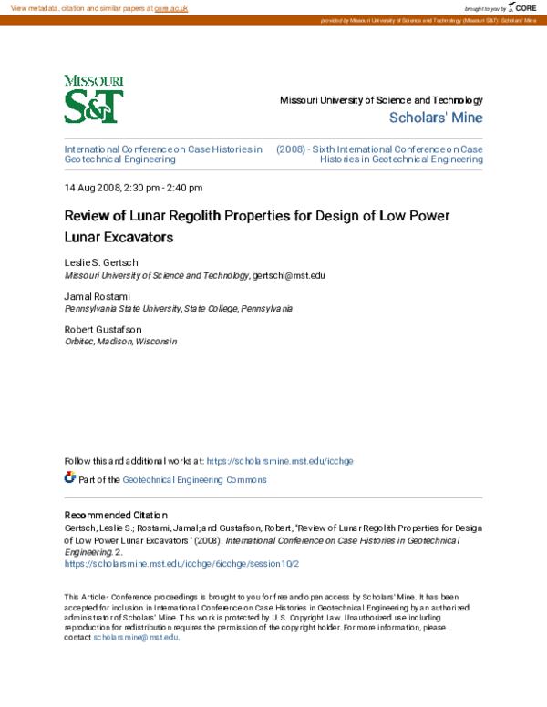 (PDF) Review of Lunar Regolith Properties for Design of Low Power Lunar Excavators