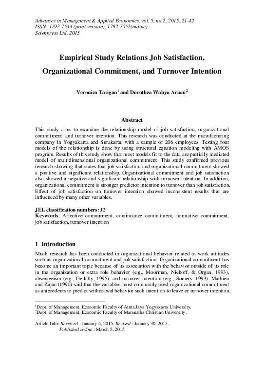 (PDF) Empirical Study Relations Job Satisfaction, Organizational Commitment, and Turnover Intention