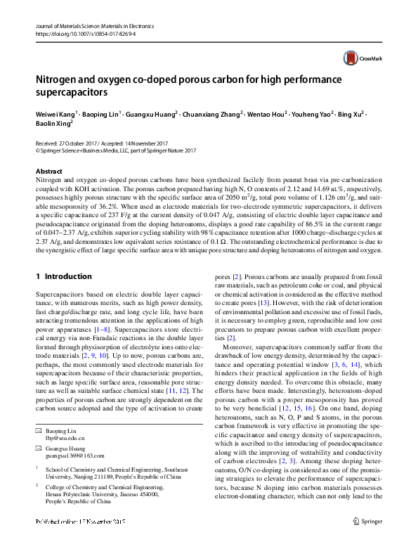 (PDF) Nitrogen and oxygen co-doped porous carbon for high performance supercapacitors