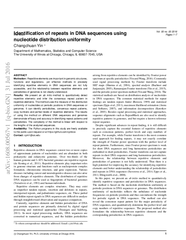 (PDF) Identification of repeats in DNA sequences using nucleotide distribution uniformity