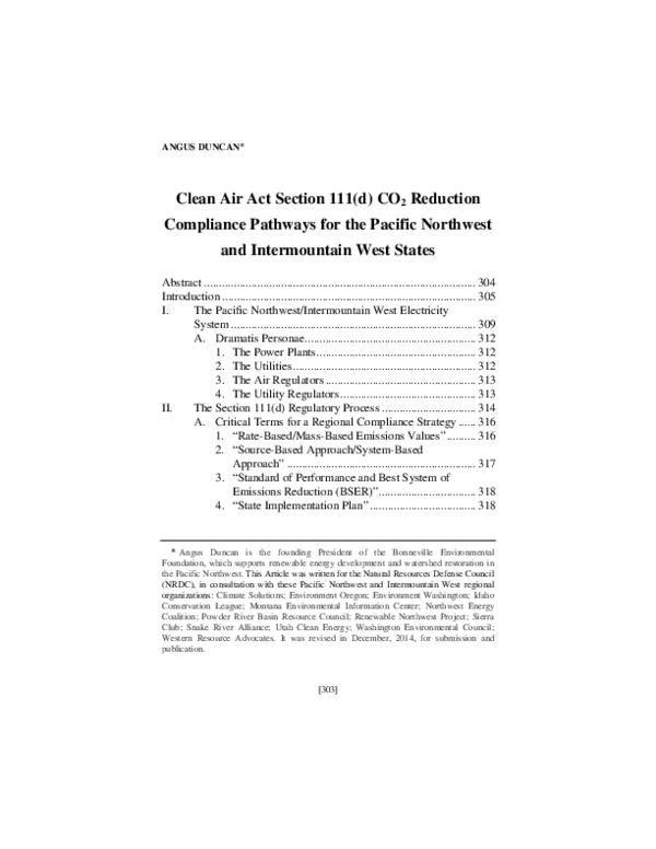 (PDF) Clean Air Act Section 111(d) CO2 Reduction Compliance Pathways for the Pacific Northwest ...