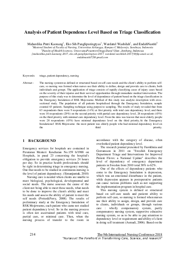 (PDF) Analysis of Patient Dependence Level Based on Triage Classification