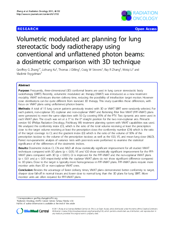 (PDF) Volumetric modulated arc planning for lung stereotactic body radiotherapy using ...