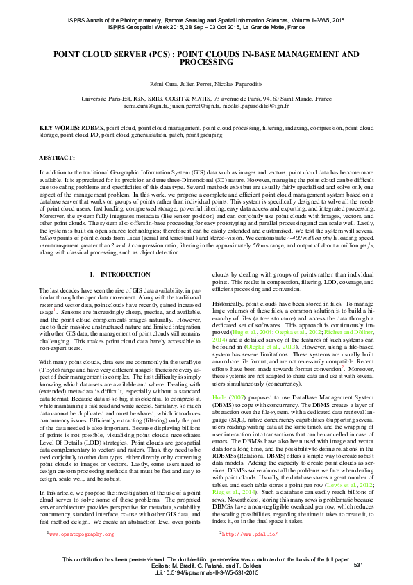 (PDF) Point Cloud Server (PCS) : Point Clouds In-Base Management and Processing