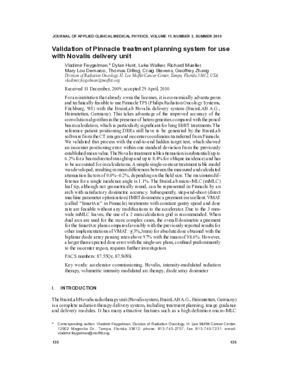 (PDF) Validation of Pinnacle treatment planning system for use with ...