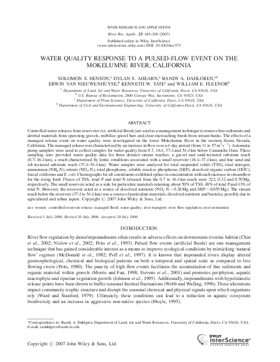 (PDF) Water quality response to a pulsed-flow event on the Mokelumne ...