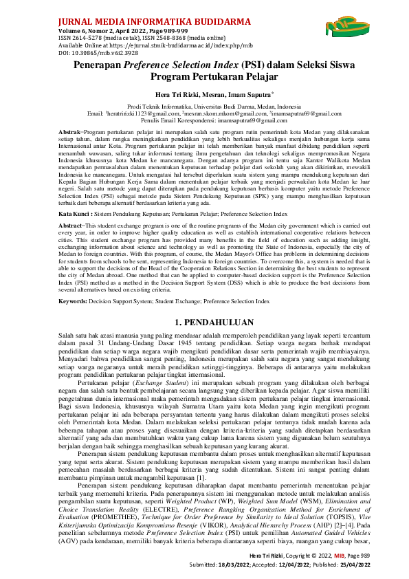 (PDF) Penerapan Preference Selection Index (PSI) dalam Seleksi Siswa Program Pertukaran Pelajar