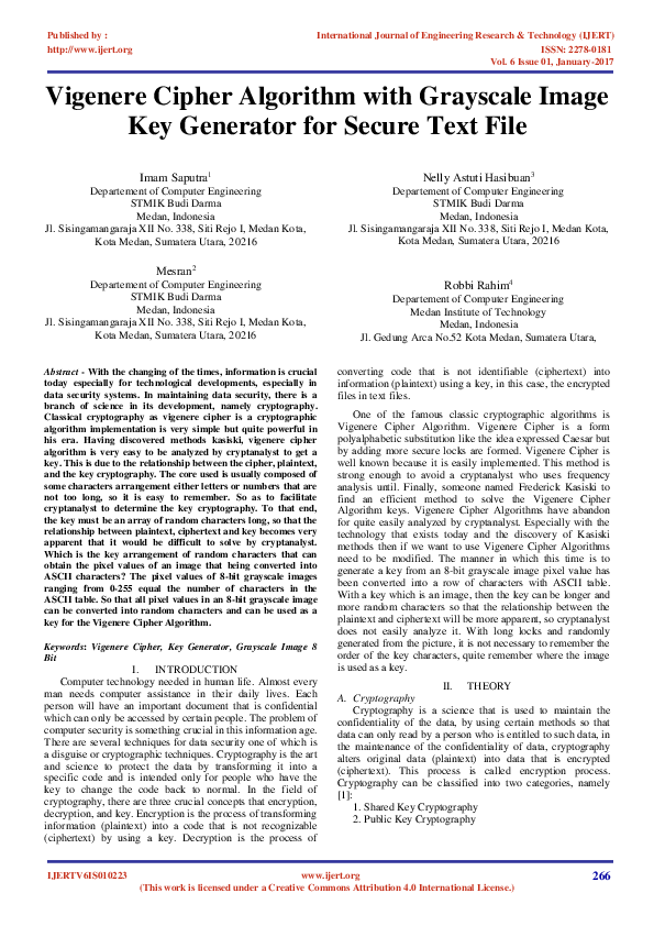 (PDF) Vigenere Cipher Algorithm with Grayscale Image Key Generator for Secure Text File