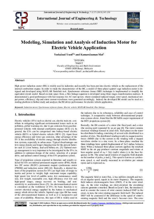 Pdf Modeling Simulation And Analysis Of Induction Motor For Electric Vehicle Application