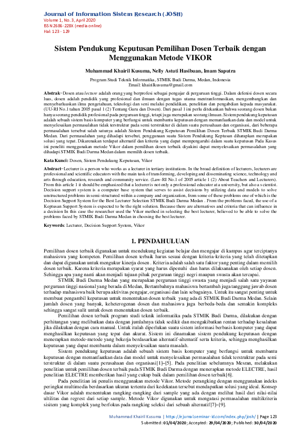 (PDF) Sistem Pendukung Keputusan Pemilihan Dosen Terbaik dengan Menggunakan Metode VIKOR