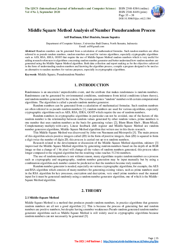 Pdf Middle Square Method Analysis Of Number Pseudorandom Process