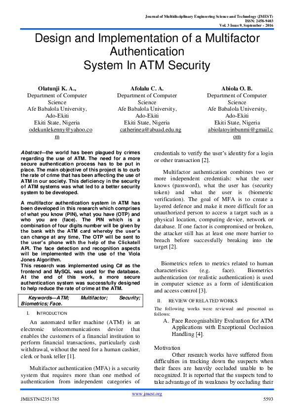 Pdf Design And Implementation Of A Multifactor Authentication System In Atm Security