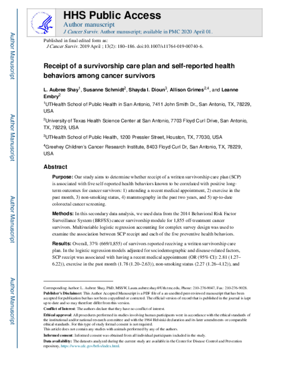 (PDF) Receipt of a survivorship care plan and self-reported health ...