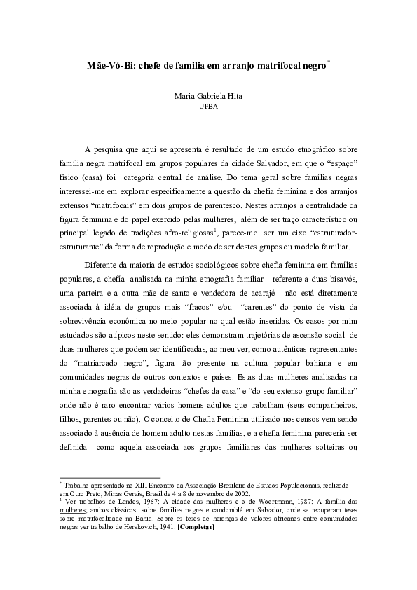 (PDF) Mãe-Vó-Bi: chefe de familia em arranjo matrifocal negro