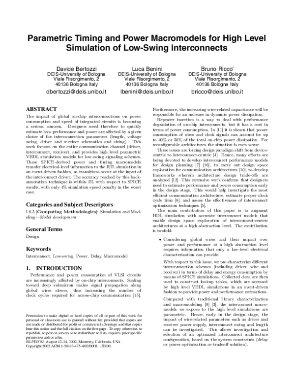 (PDF) Parametric timing and power macromodels for high level simulation of low-swing interconnects