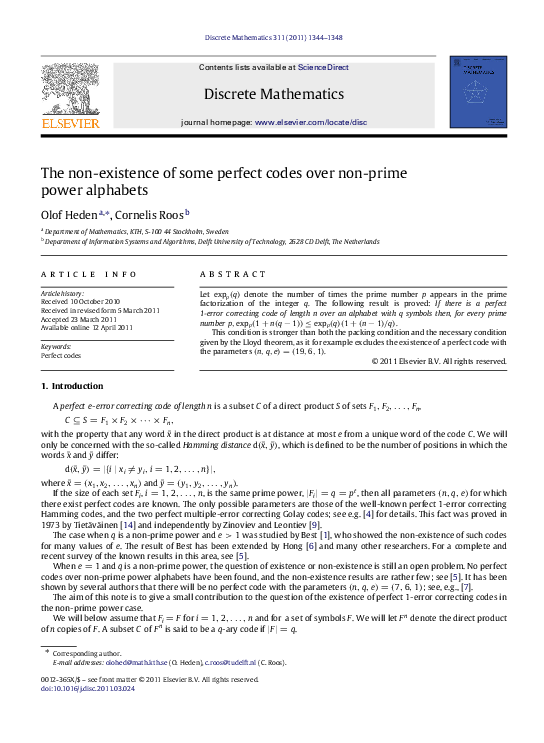 (PDF) The non-existence of some perfect codes over non-prime power alphabets