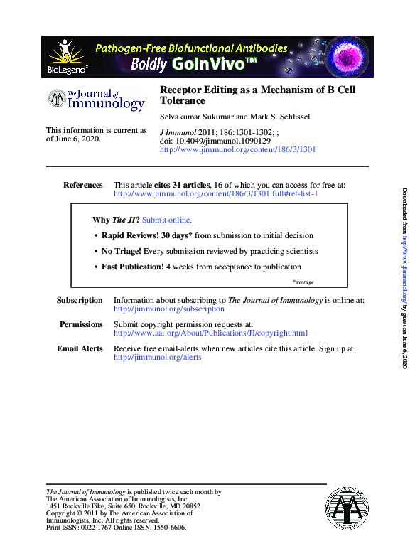 (PDF) Receptor Editing as a Mechanism of B Cell Tolerance