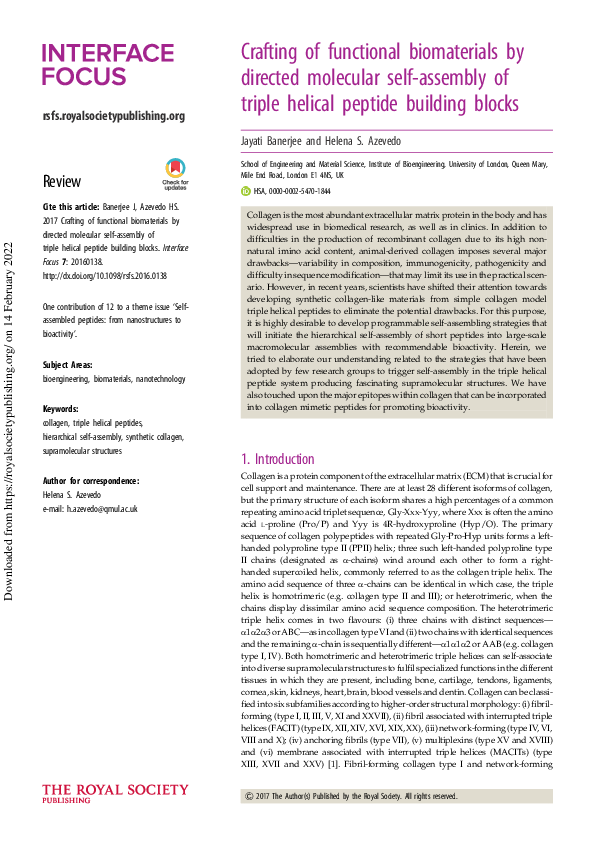 (PDF) Crafting of functional biomaterials by directed molecular self-assembly of triple helical ...
