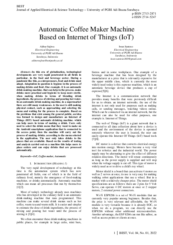 (PDF) Automatic Coffee Maker Machine Based on Internet of Things (IoT)