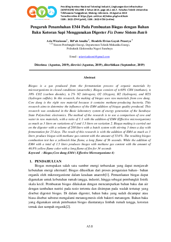 (PDF) Pengaruh Penambahan EM4 Pada Pembuatan Biogas dengan Bahan Baku Kotoran Sapi Menggunakan ...