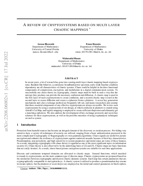 Pdf A Review Of Cryptosystems Based On Multi Layer Chaotic Mappings