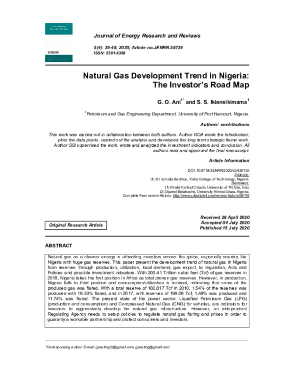 (PDF) Natural Gas Development Trend in Nigeria: The Investor’s Road Map