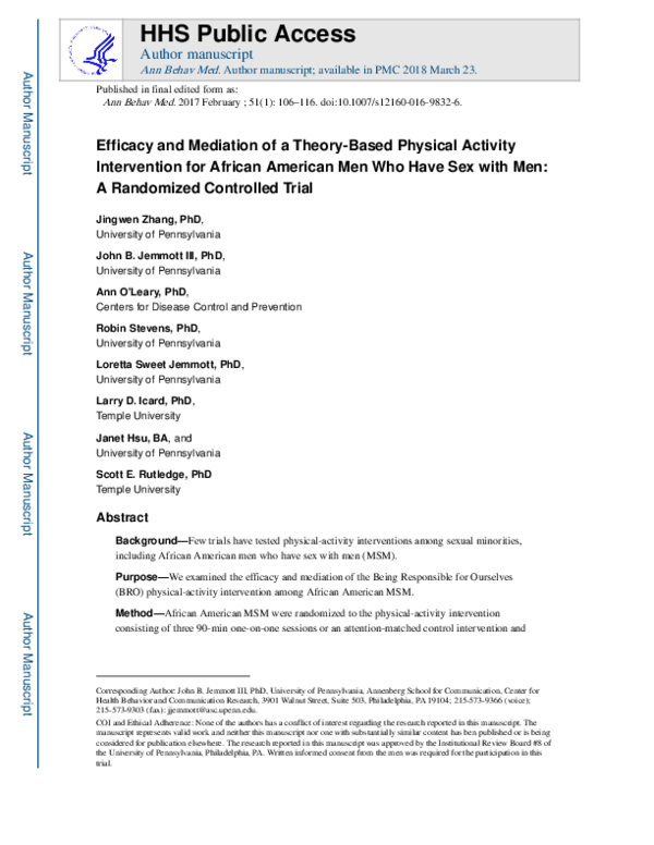 (PDF) Efficacy and Mediation of a Theory-Based Physical Activity Intervention for African ...