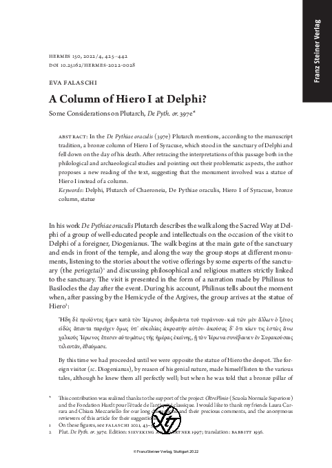 (PDF) A Column of Hiero I at Delphi? Some Considerations on Plutarch ...
