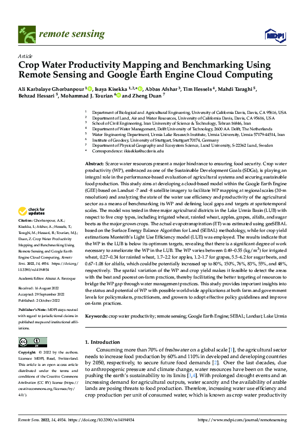 (PDF) Crop Water Productivity Mapping and Benchmarking Using Remote Sensing and Google Earth ...