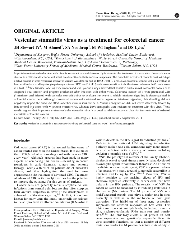 (PDF) Vesicular stomatitis virus as a treatment for colorectal cancer