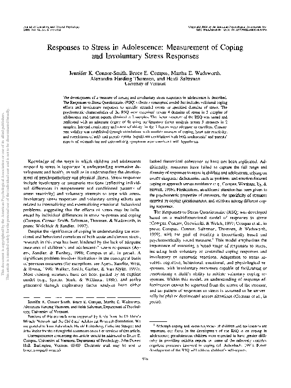 (PDF) Responses to stress in adolescence: Measurement of coping and ...