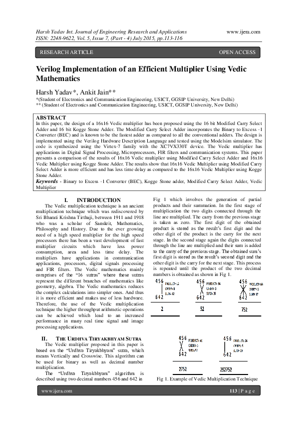 Pdf Verilog Implementation Of An Efficient Multiplier Using Vedic Mathematics 