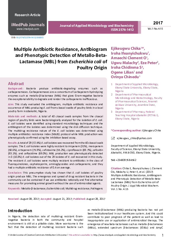 (PDF) Multiple Antibiotic Resistance, Antibiogram and Phenotypic Detection of Metallo-Beta ...