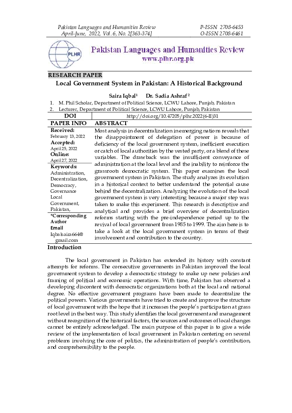 (PDF) Local Government System in Pakistan: A Historical Background