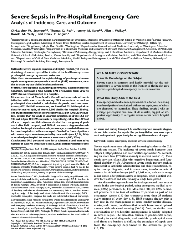 (PDF) Severe Sepsis in Pre-Hospital Emergency Care