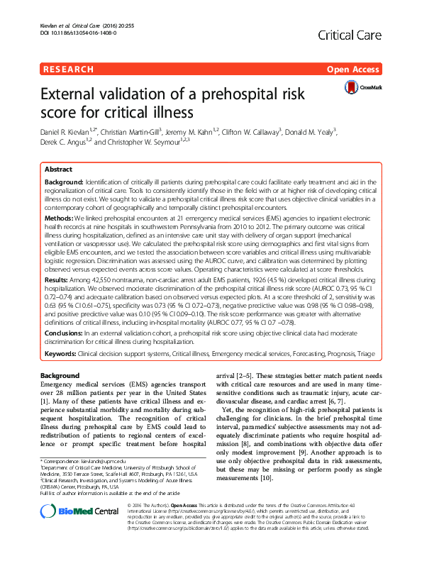 (PDF) External validation of a prehospital risk score for critical illness