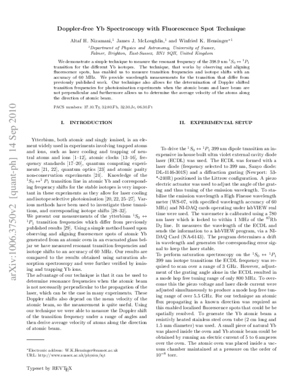 (PDF) Doppler-free Yb spectroscopy with the fluorescence spot technique
