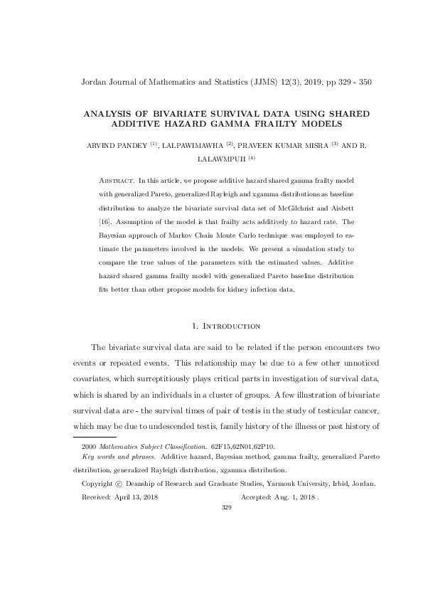 (PDF) Analysis of Bivariate Survival Data Using Shared Additive Hazard Gamma Frailty Models