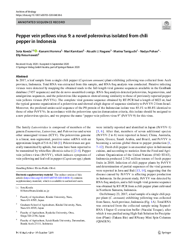 (PDF) Pepper vein yellows virus 9: a novel polerovirus isolated from ...