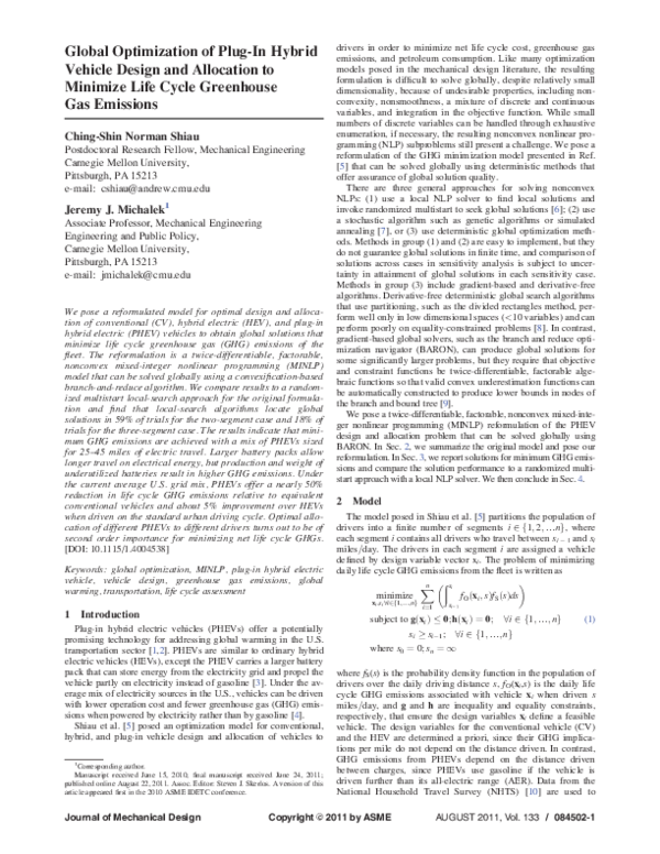 (PDF) Global Optimization of Plug-In Hybrid Vehicle Design and ...