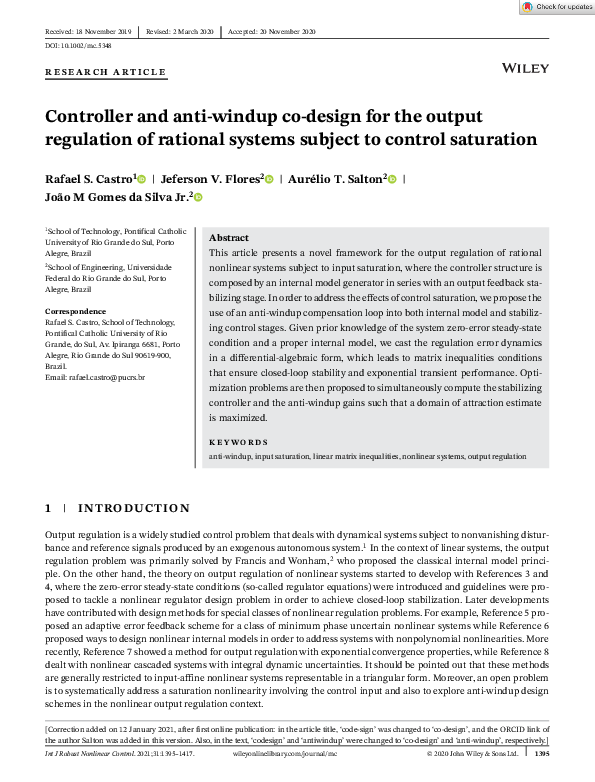 Pdf Controller And Anti‐windup Co‐design For The Output Regulation Of Rational Systems Subject