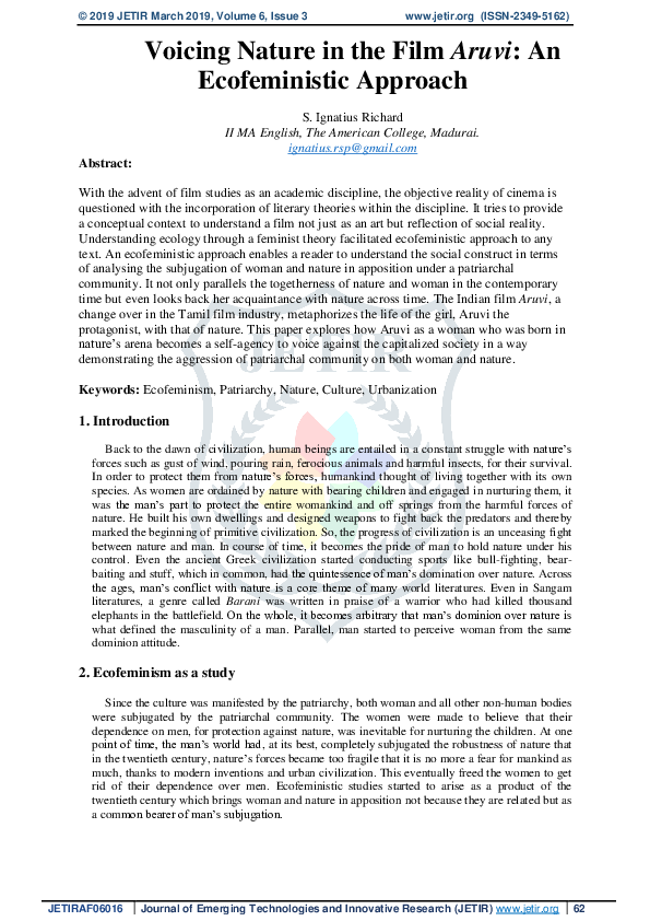 (PDF) Voicing Nature in the Film Aruvi: An Ecofeministic Approach