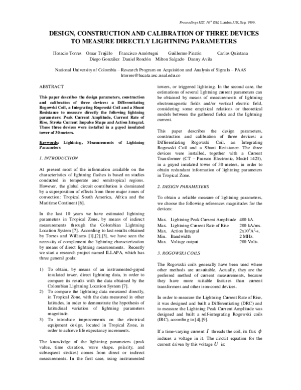 (PDF) Design, construction and calibration of three devices to measure directly lightning parameters