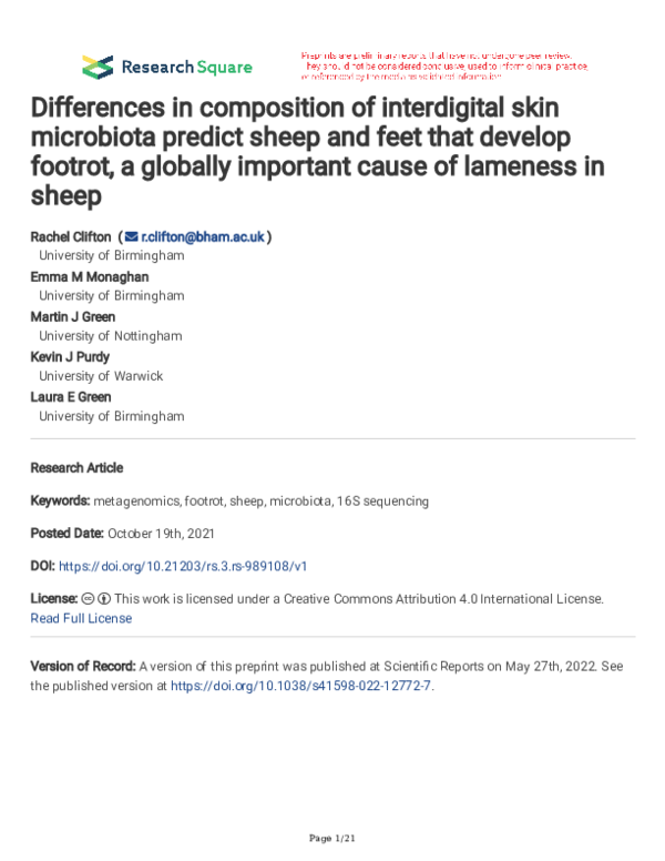 (PDF) Differences in composition of interdigital skin microbiota predict sheep and feet that ...