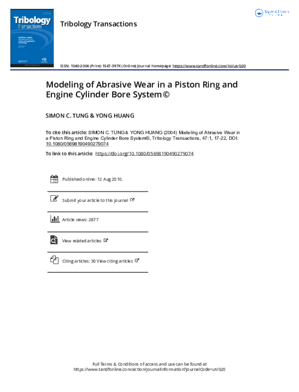 (PDF) Modeling of Abrasive Wear in a Piston Ring and Engine Cylinder ...