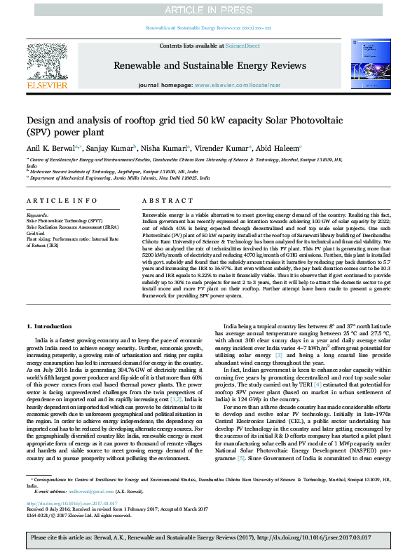 (PDF) Design and analysis of rooftop grid tied 50 kW capacity Solar ...